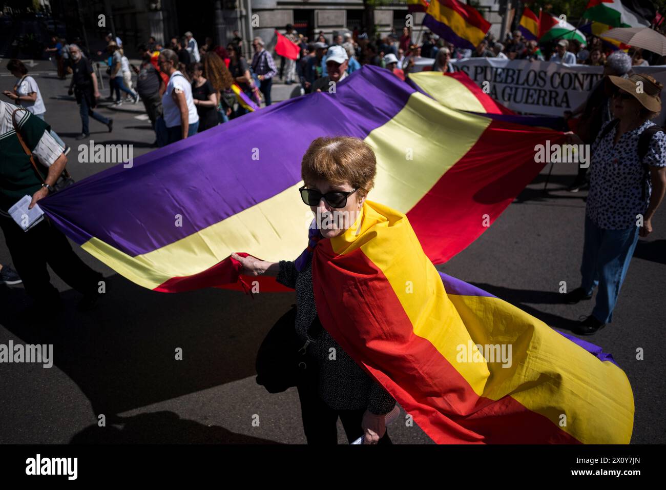 Madrid, Spain. 14th Apr, 2024. A demonstrator holds a Spanish ...