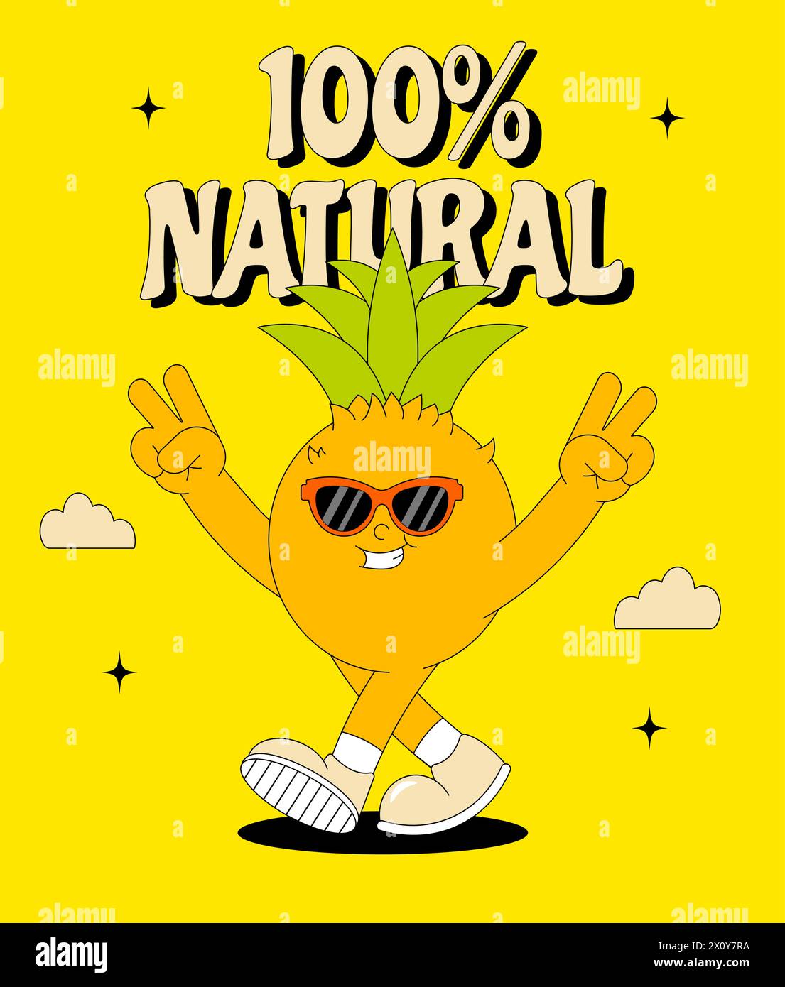 Fruit summer character Pineapple. Retro groovy poster. Trendy funky ...