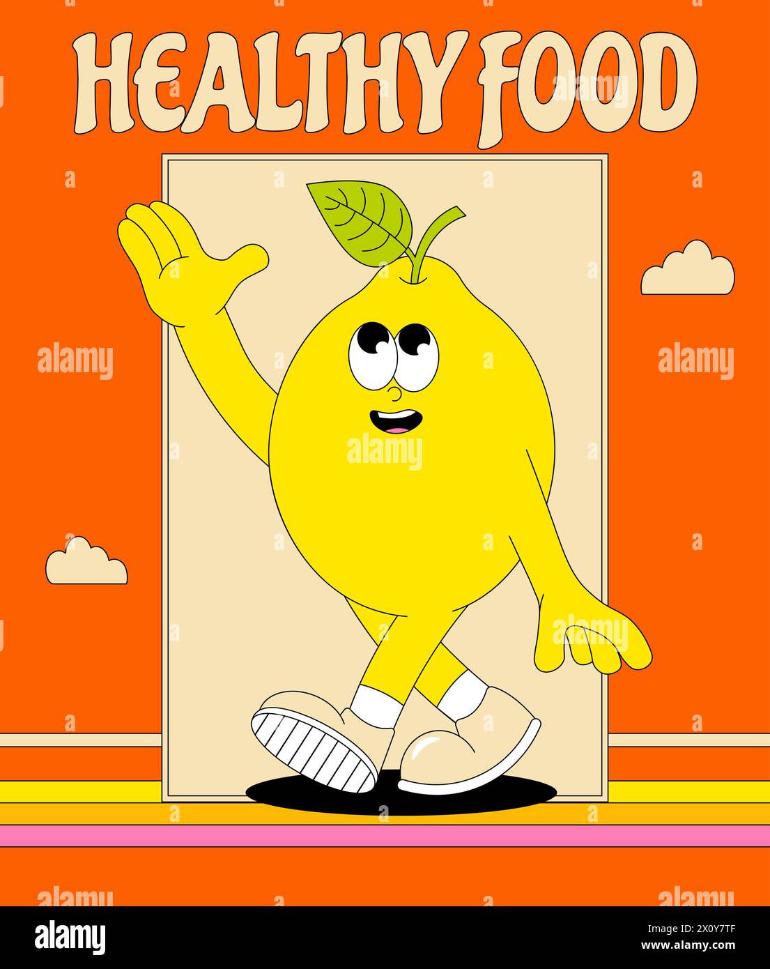Fruit summer character Lemon. Retro groovy poster. Trendy funky comic ...