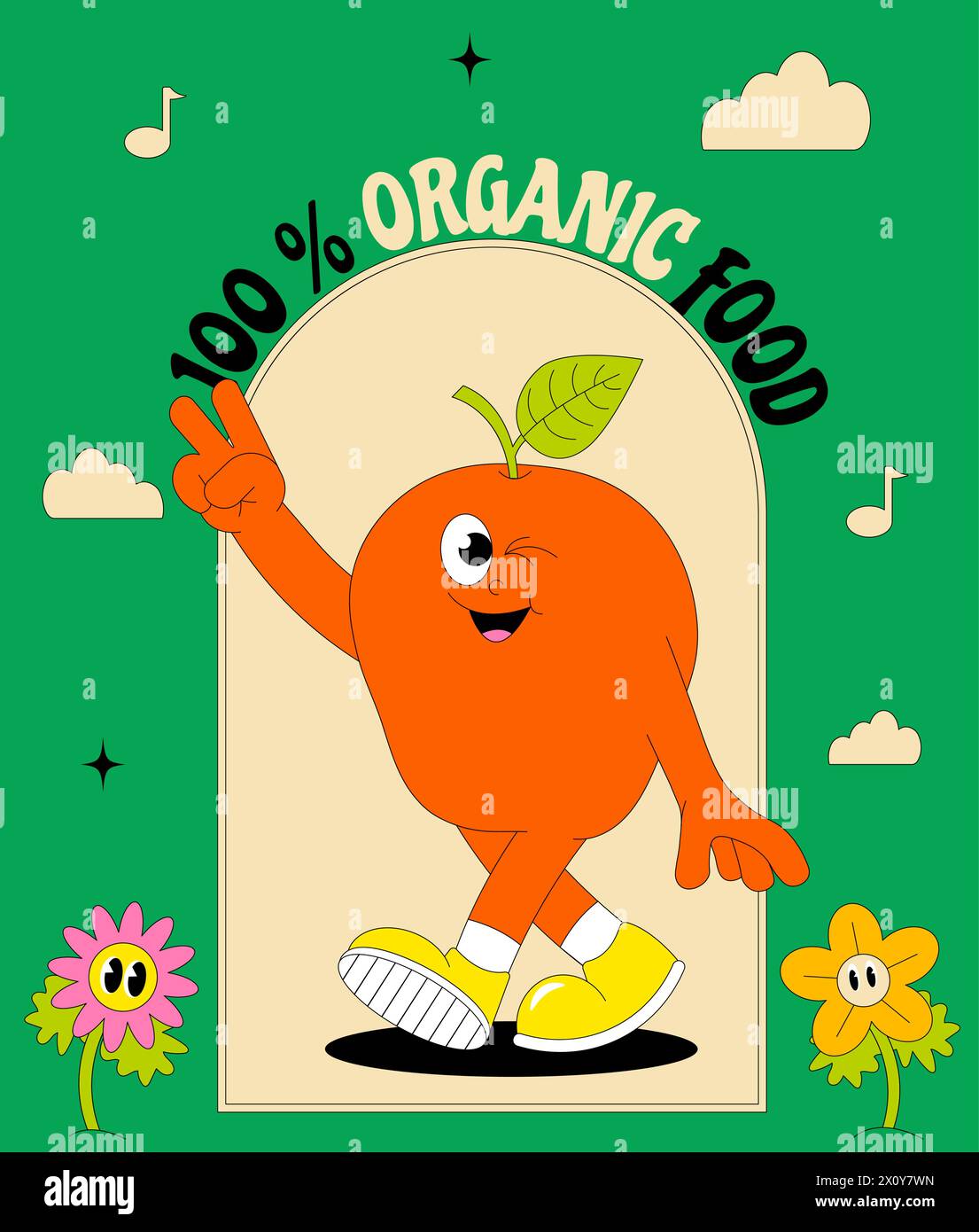 Fruit summer character Apple. Retro groovy poster. Trendy funky comic ...