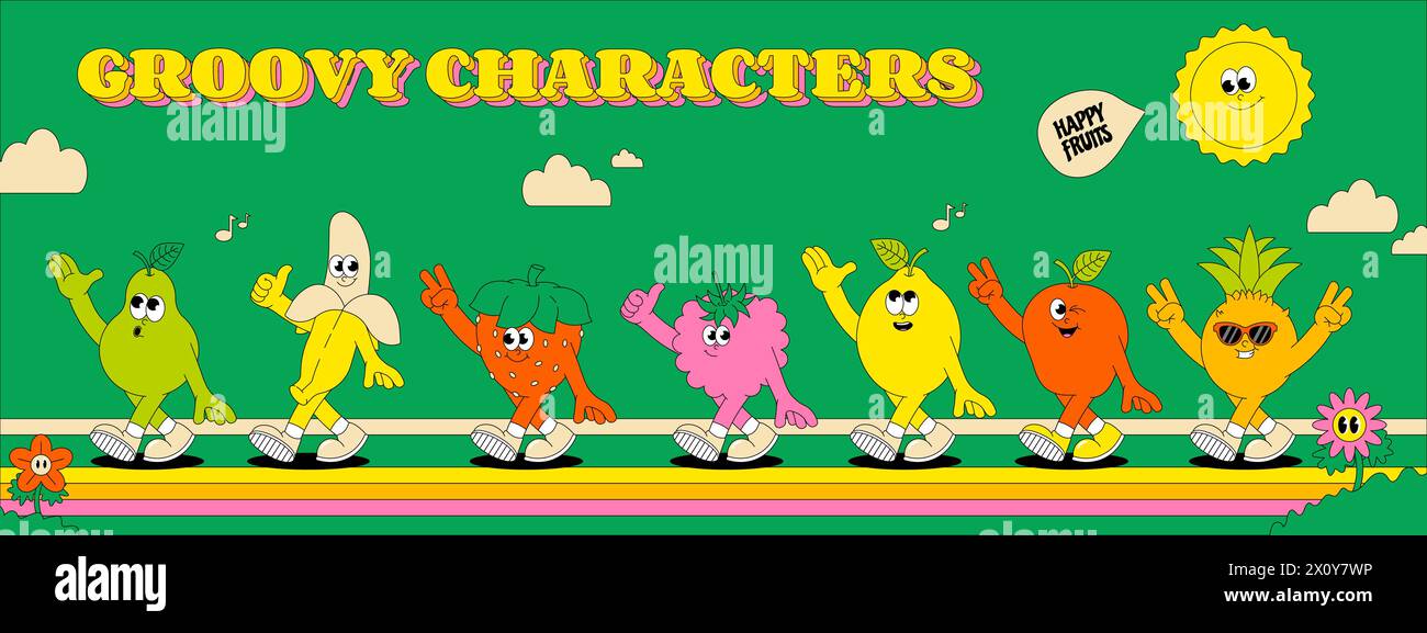 Summer Fruits. Retro groovy banner. Comic characters strawberry, lemon ...