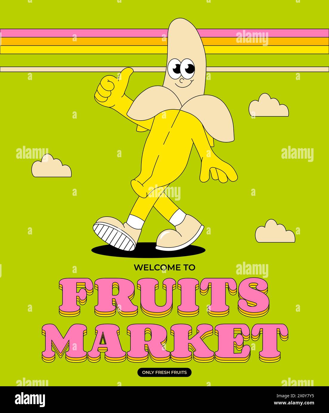 Fruit summer character Banana. Retro groovy poster. Trendy funky comic mascot. Vector ...