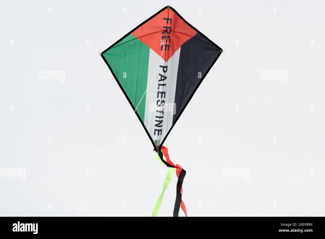 London, UK. 14 April, 2024. Palestine supporters fly kites on ...