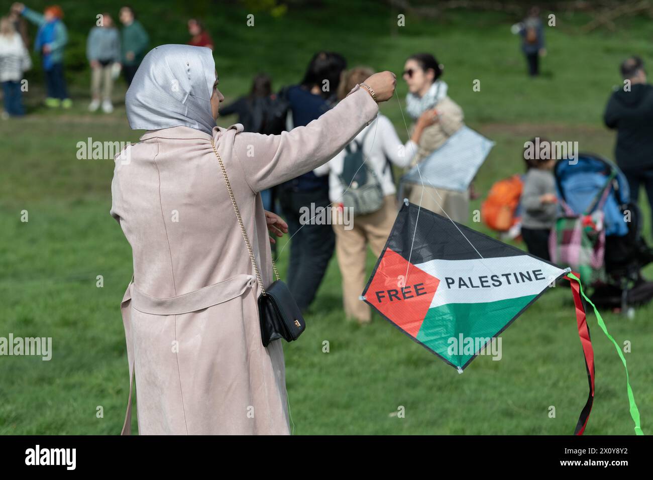 London, UK. 14 April, 2024. Palestine supporters fly kites on ...