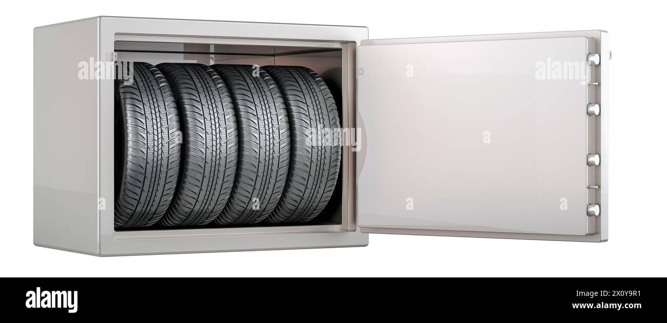 Car wheels inside safe with combination lock, 3D rendering isolated on ...