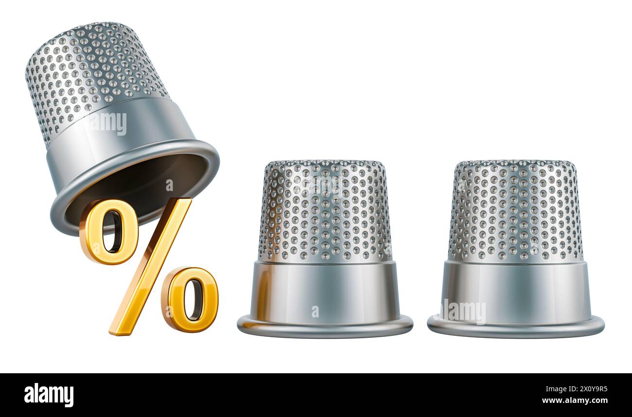 Financial manipulation, fraud concept. Percent sign under thimbles, 3D ...