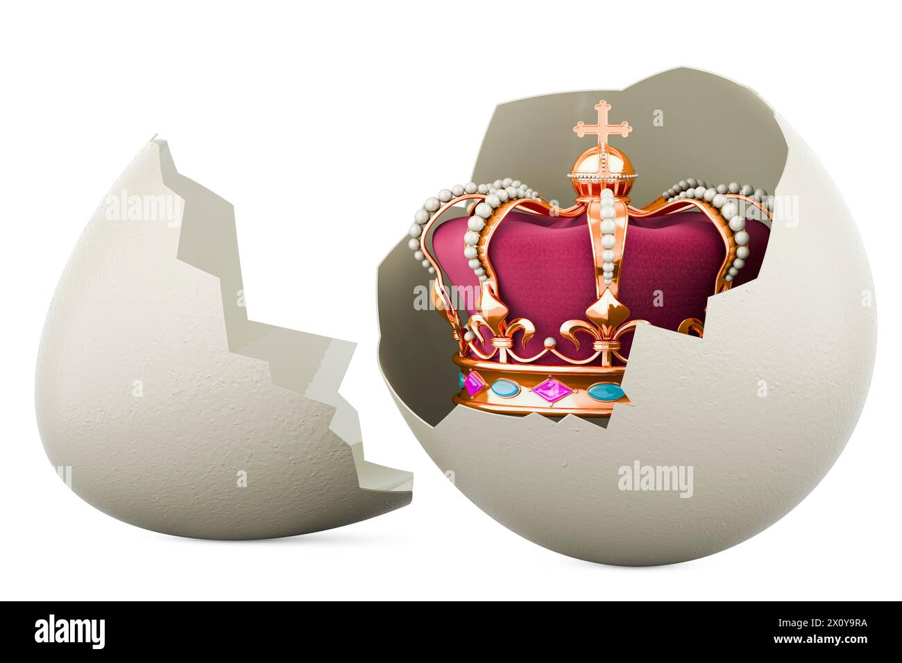Golden royal crown inside broken chicken egg, 3D rendering isolated on ...