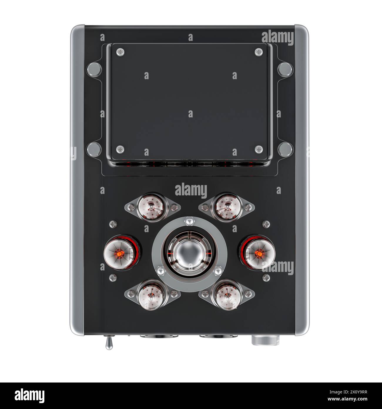Vacuum tube amplifier, view from above. 3D rendering isolated on white ...