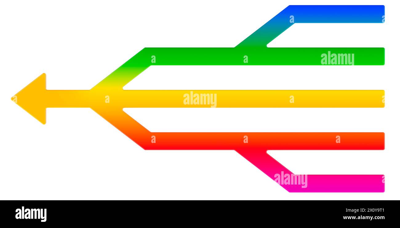 Synergy arrow. One arrow with many starts, 3D rendering isolated on ...