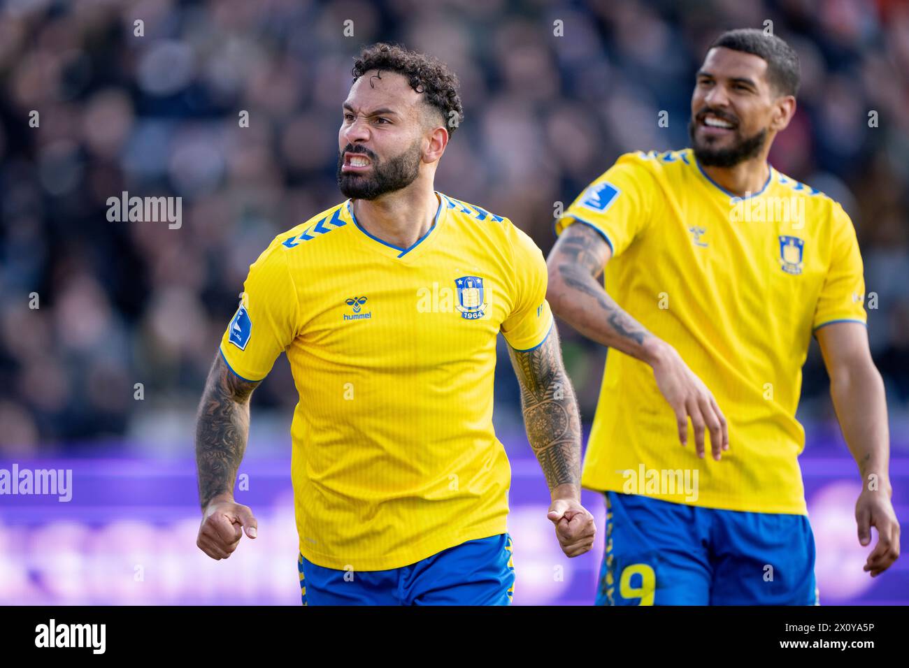 Broendby's Sean Klaiber has scored to 2-1 and celebrates it with Ohi ...