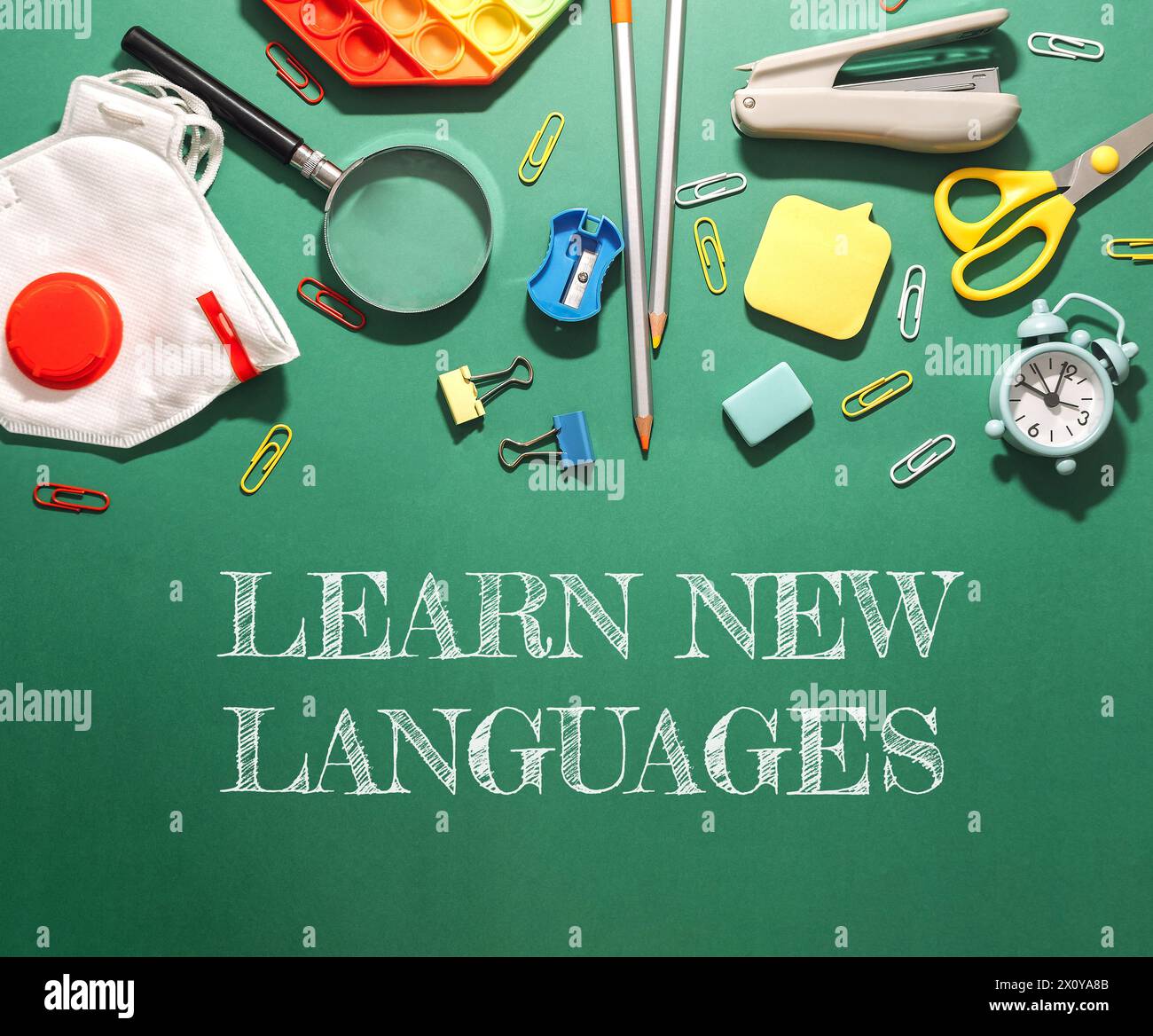 A green background with a white box that says learn new languages ...