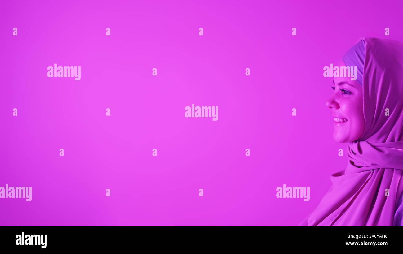 Smiling profile. Islamic fashion. Happy attractive woman in elegant ...