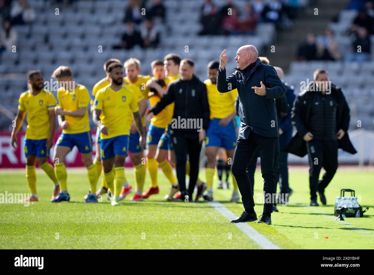 AGF's head coach Uwe Rösler reacts after Daniel Wass has put Broendby ahead 1-0 during the ...