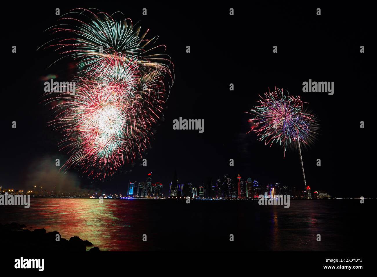 Horizontal firework photo, Qatar national day celebration, December ...