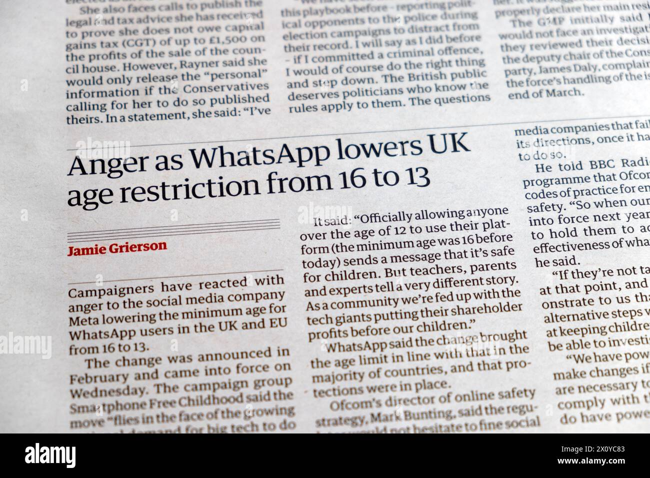 'Anger as What'sApp lowers UK age restriction from 16 to 13' Guardian ...