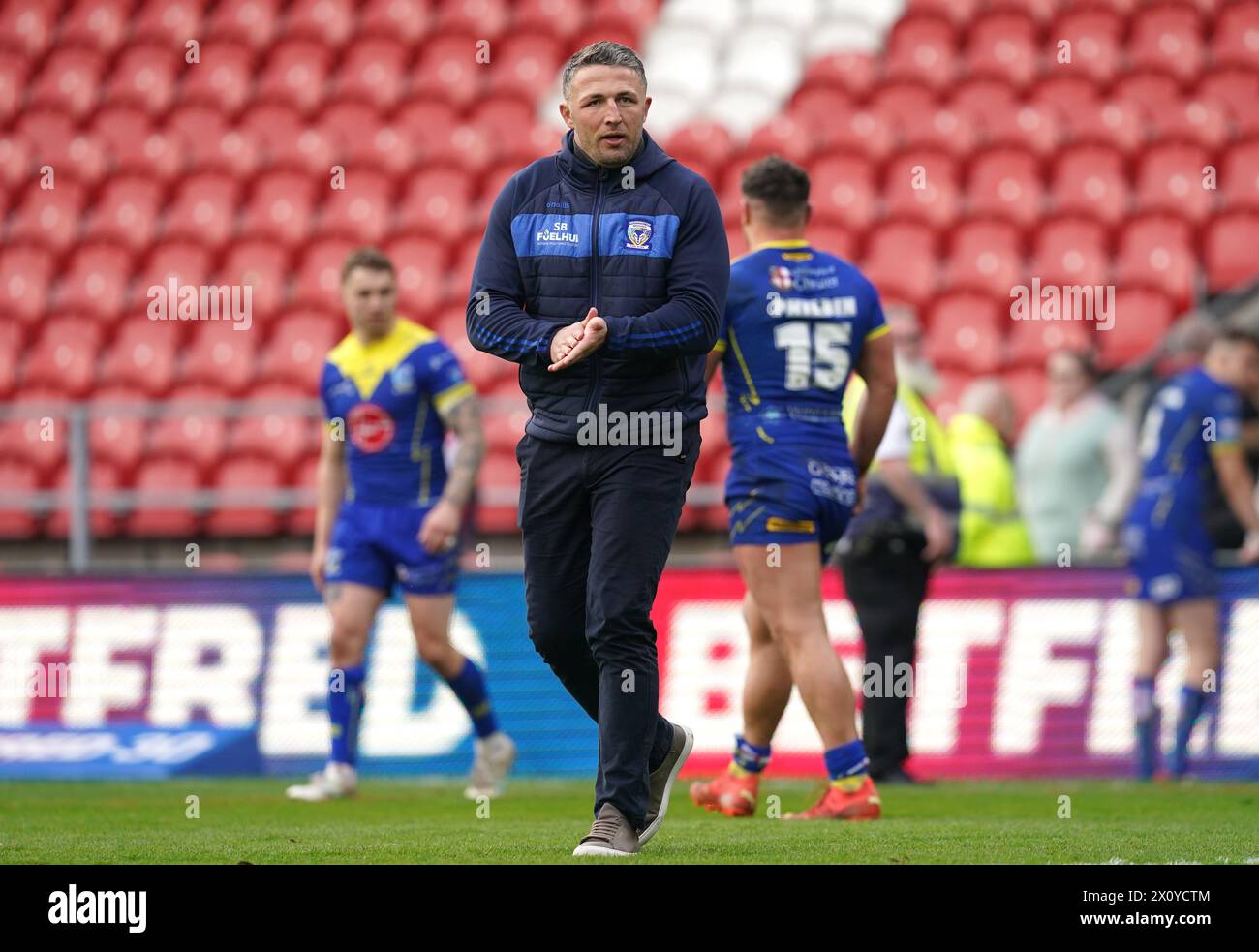 Warrington Wolves head coach Sam Burgess celebrates following the ...