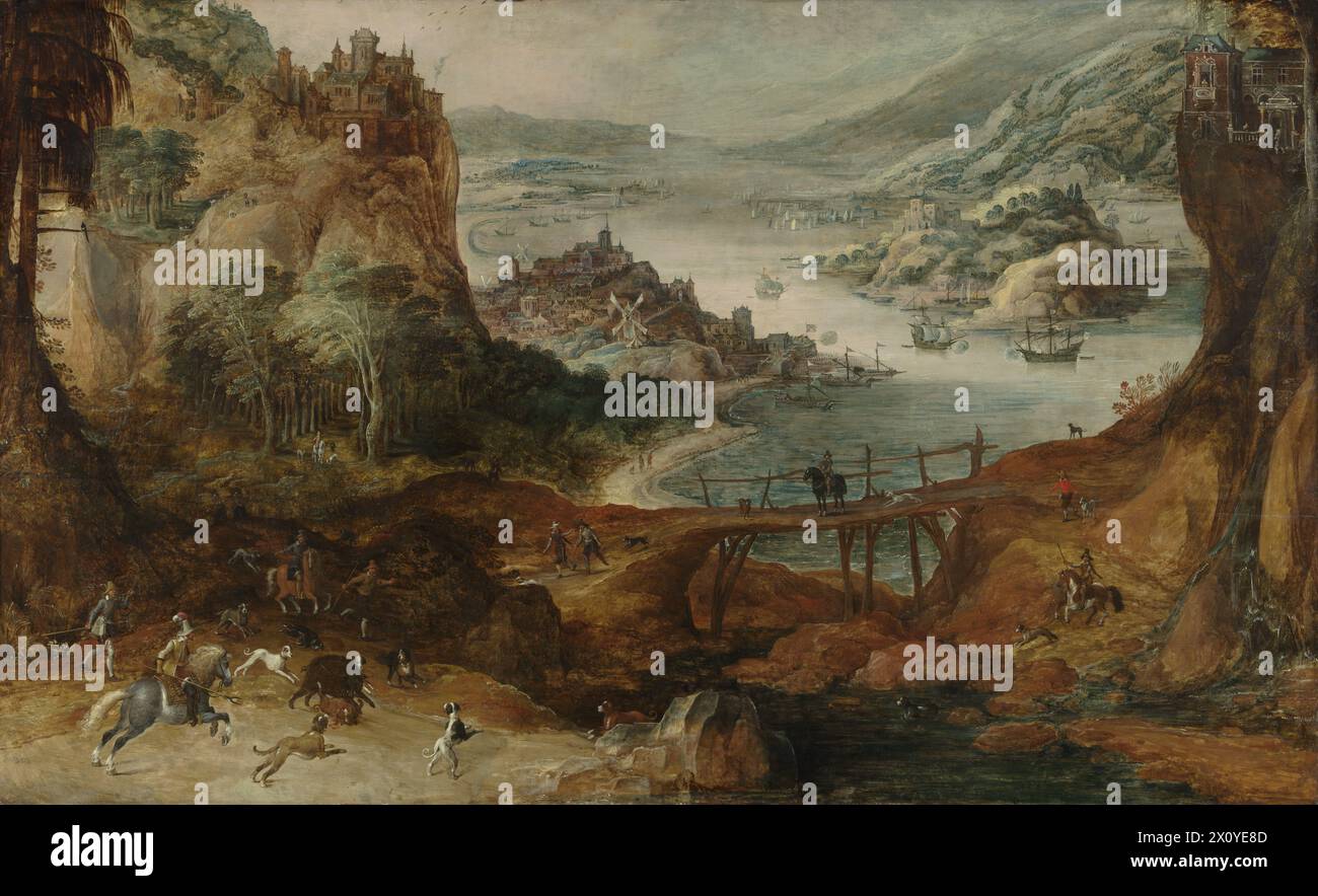 River Landscape with a Boar Hunt, or Dutch: Rivierlandschap met ...