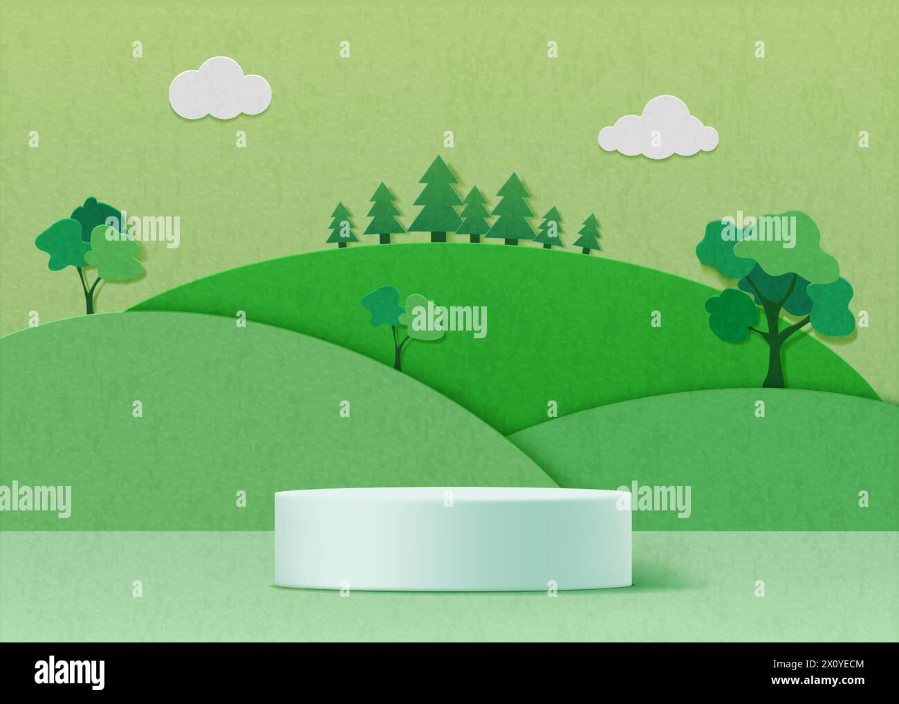 Paper background. Podium on green 3d hill background, cut platform for ...