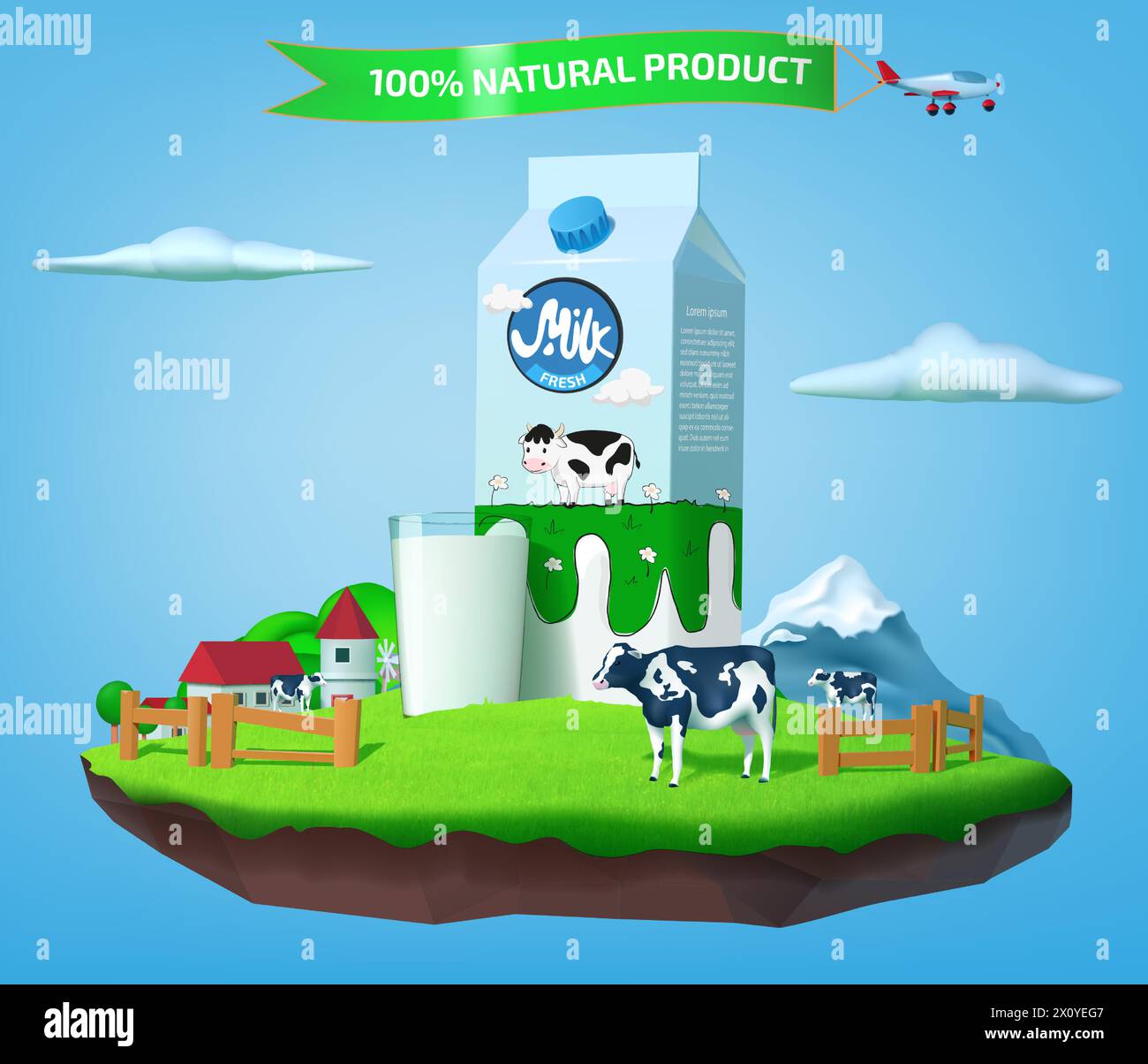 Farm milk. 3D cow on meadow grass. Levitating island in sky. Fresh ...