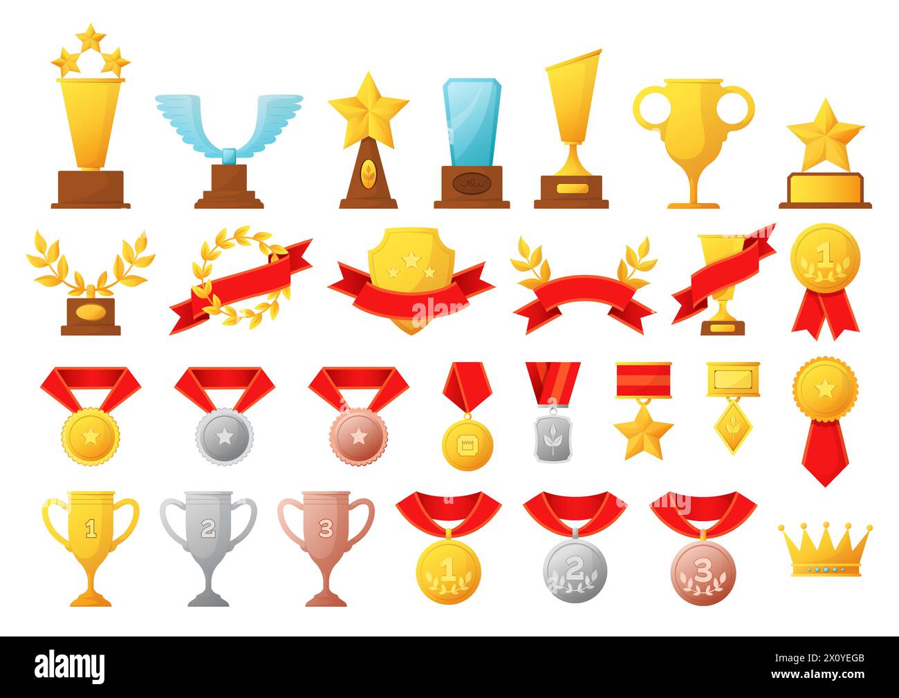 Winner trophy. Golden and glass cups, medals with red ribbons and ...