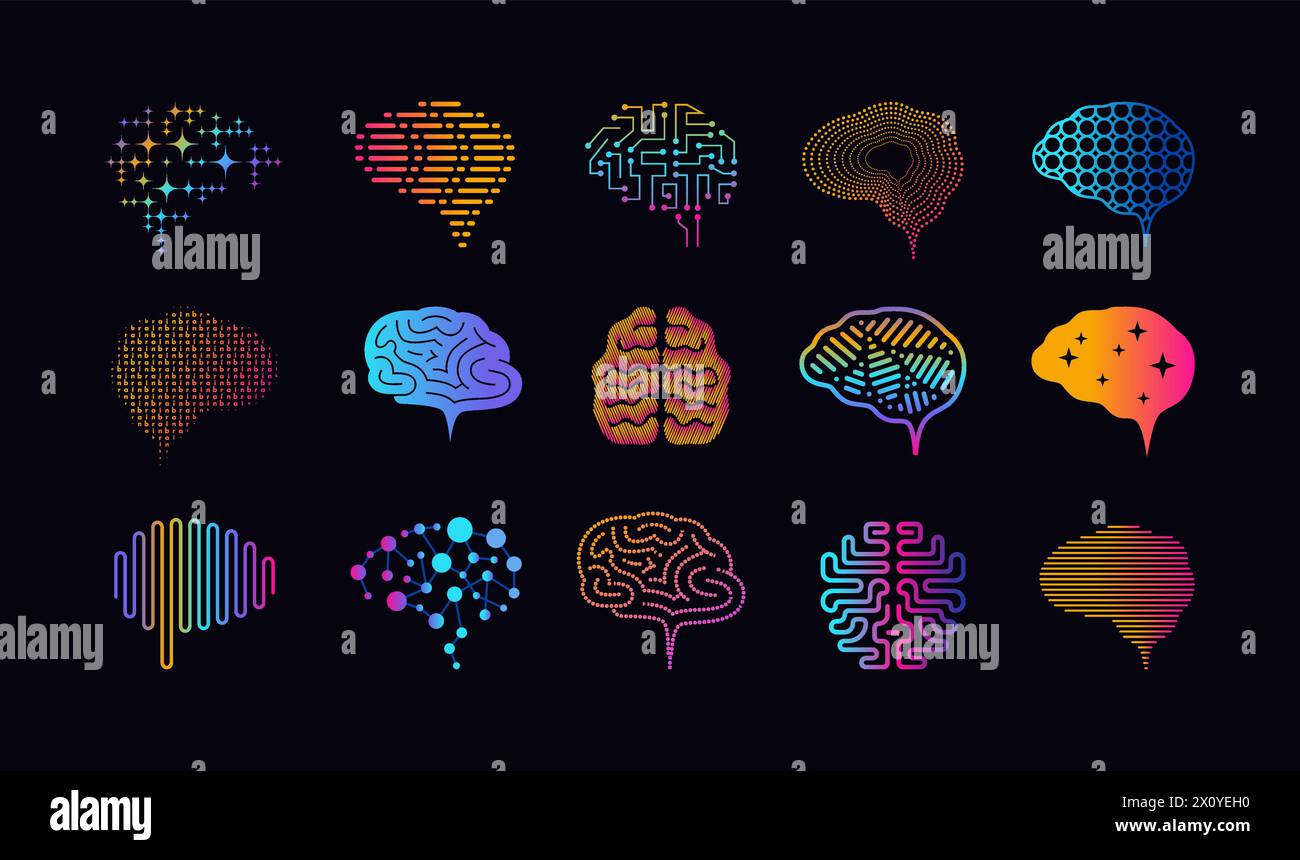 Brain icons. Psychology outline symbols. Neurology science. Cyber ...