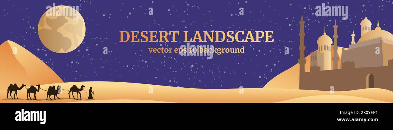 Desert landscape. Arabian old city. Muslim mosque. Bedouins camel ...