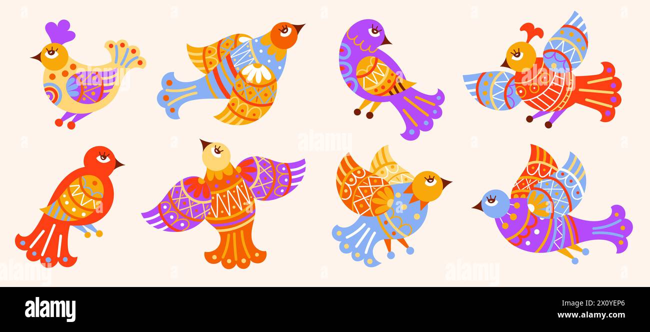 Folk birds set. Retro doodle art, flat ornament trendy decor for ethnic ...