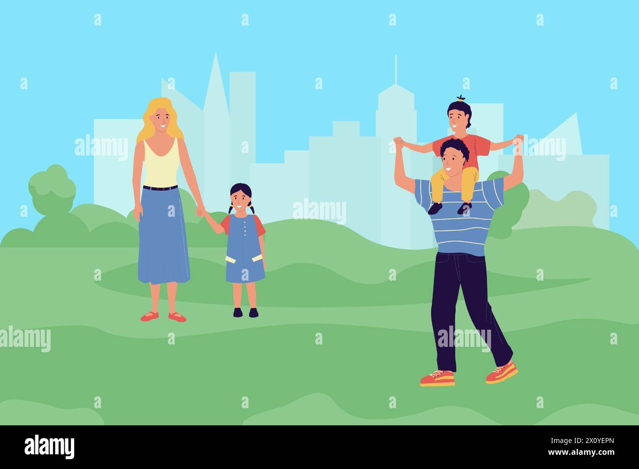 Parents and kids. Cartoon people walking with happy children. Family ...