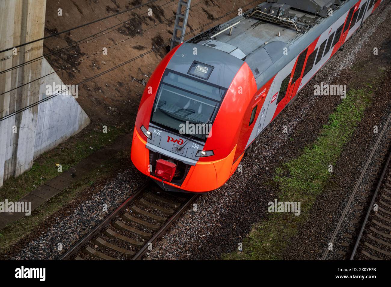 Moscow, Russia. 14th of April, 2024. Top view of a Lastochka electric ...