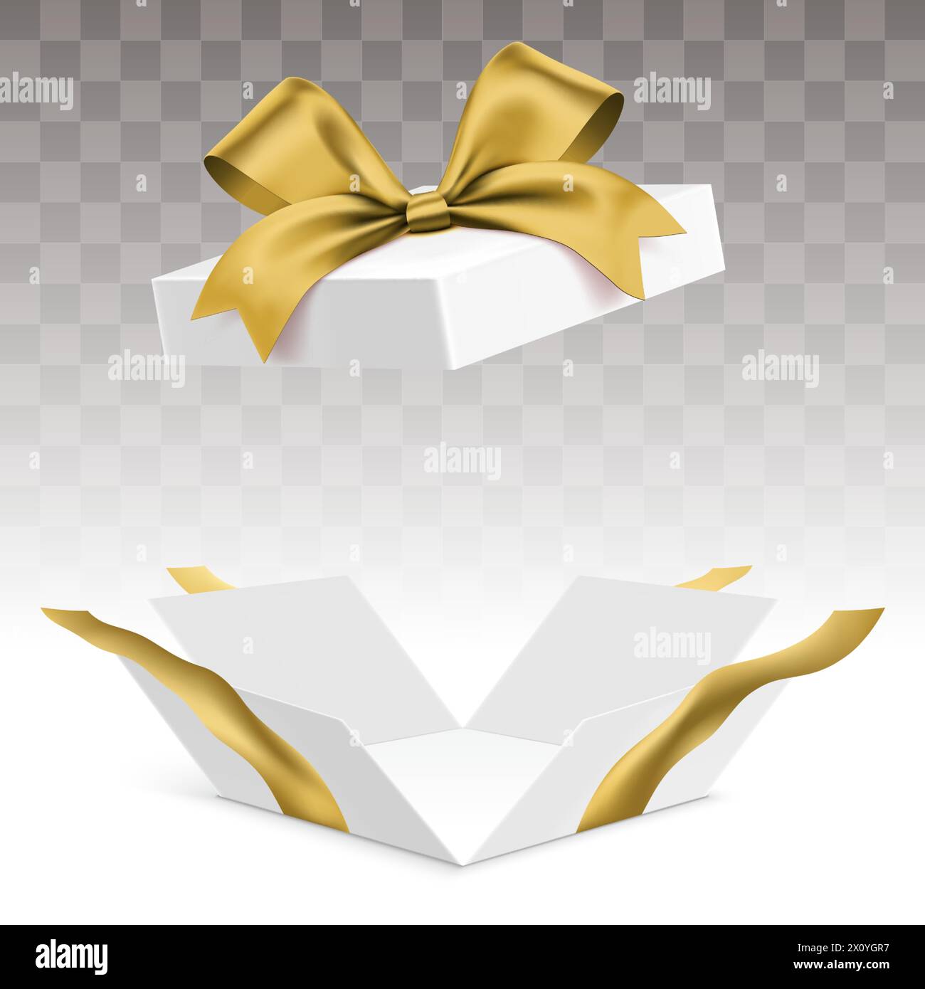 Opened white gift box with shiny golden ribbon, isolated on transparent ...
