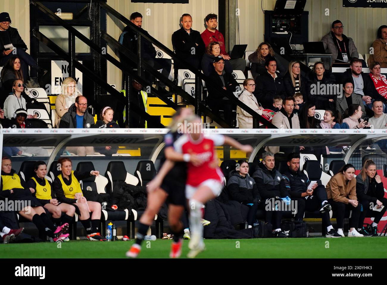 Arsenal manager Jonas Eidevall watches from the stands during the Barclays Women's Super League ...
