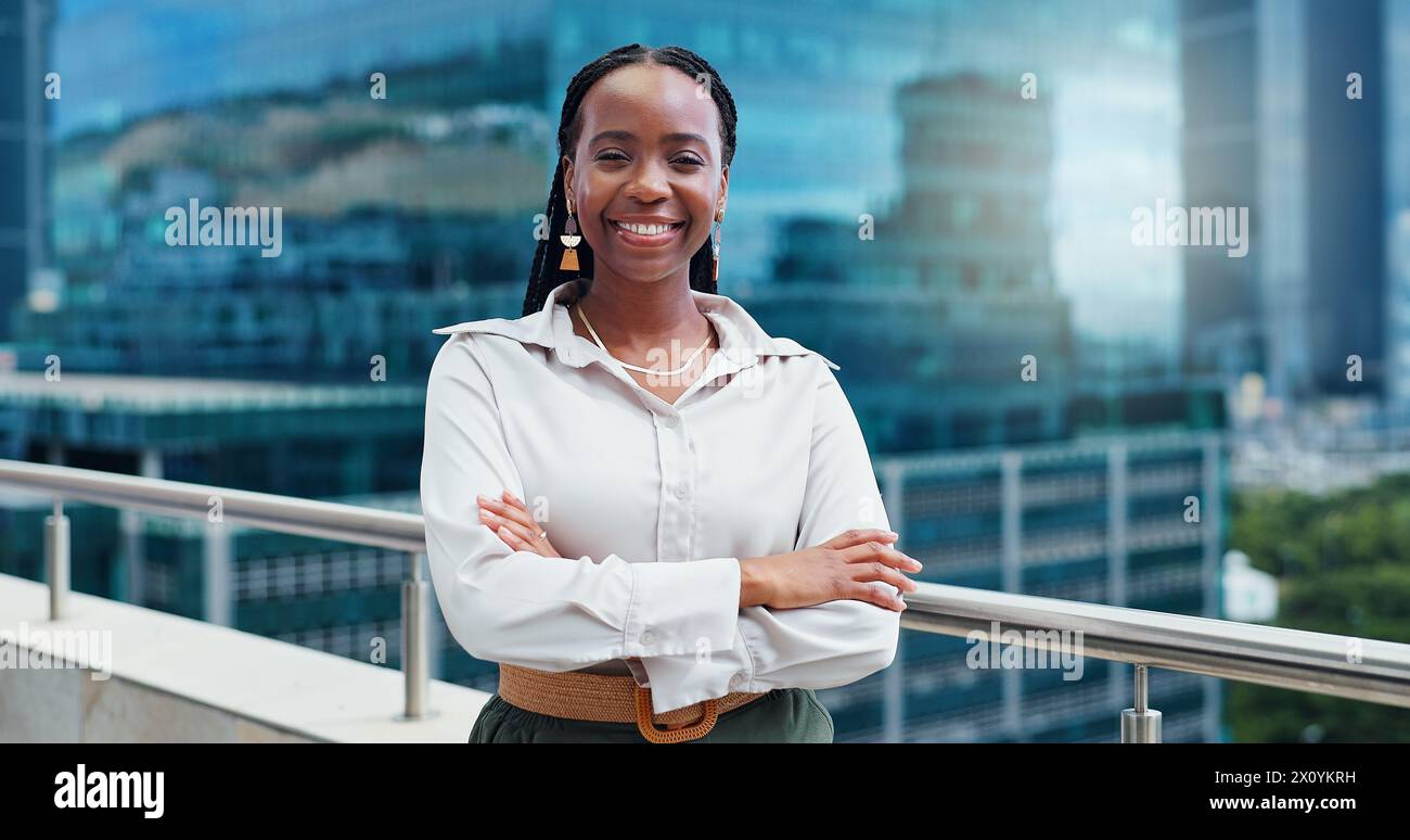 Black woman, face and arms crossed, lawyer happy with career and ...