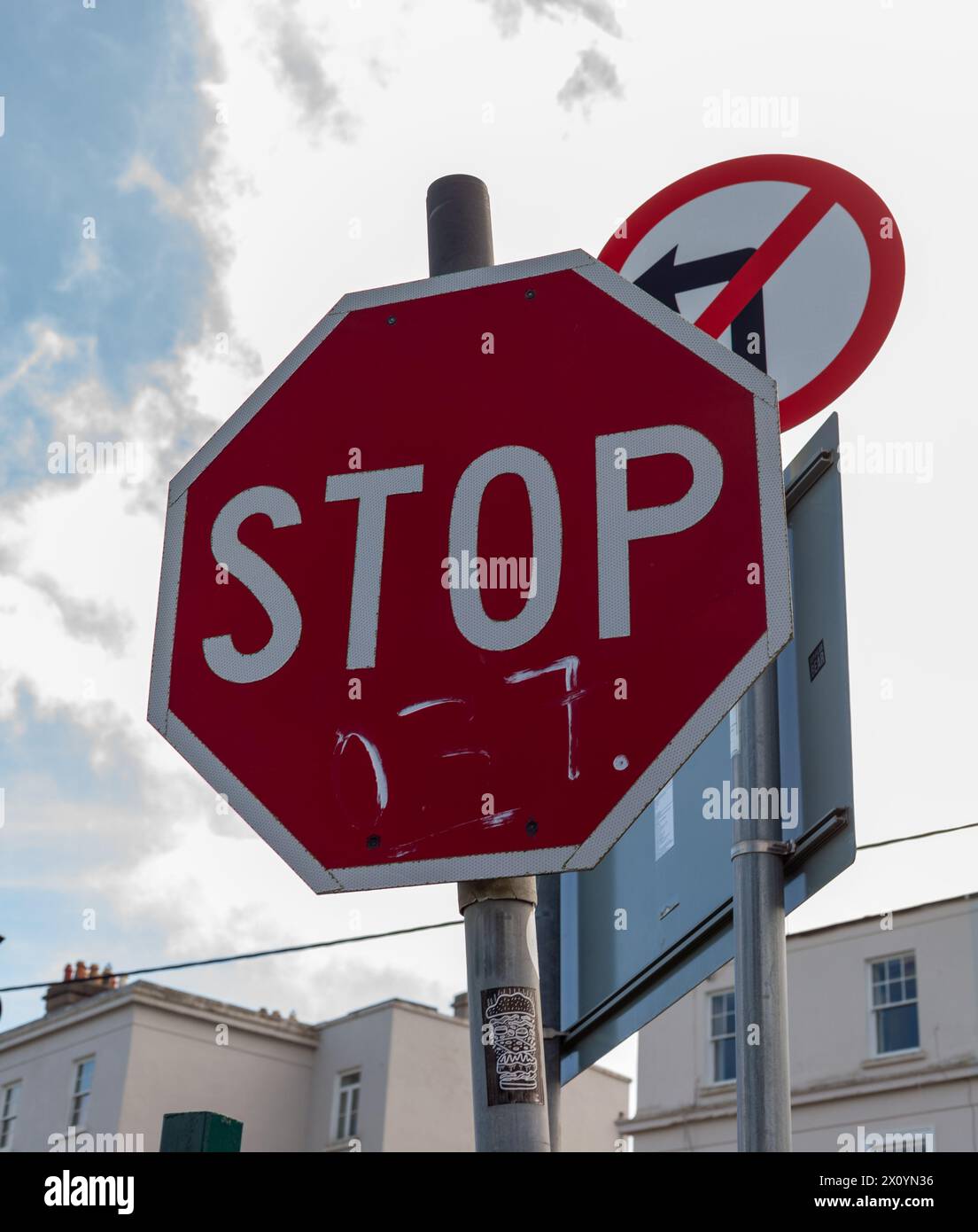 Stop and no turning left road signs on a cloudy day in Dublin Stock ...