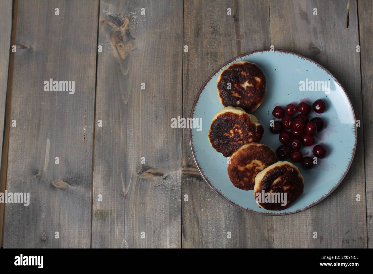 Breakfast on the table on a grey background with space for copy space ...