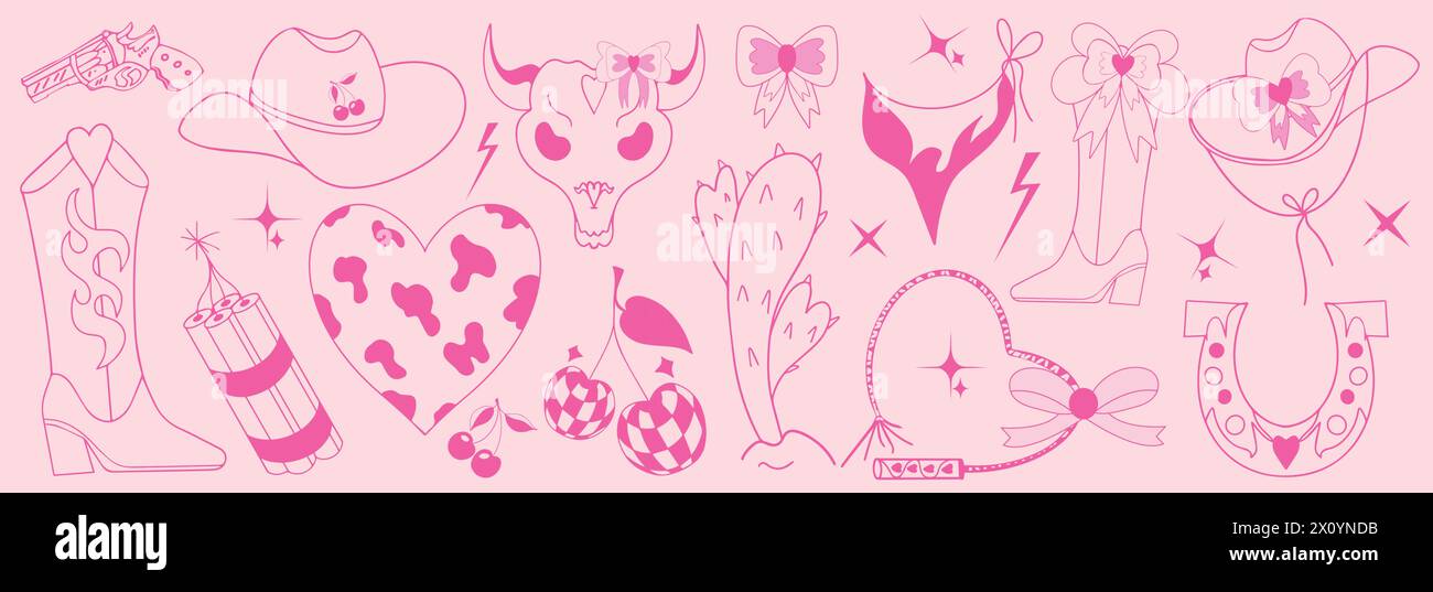 Hand drawn pink girl cowboy set. Collection of retro Cowboy coquette ...