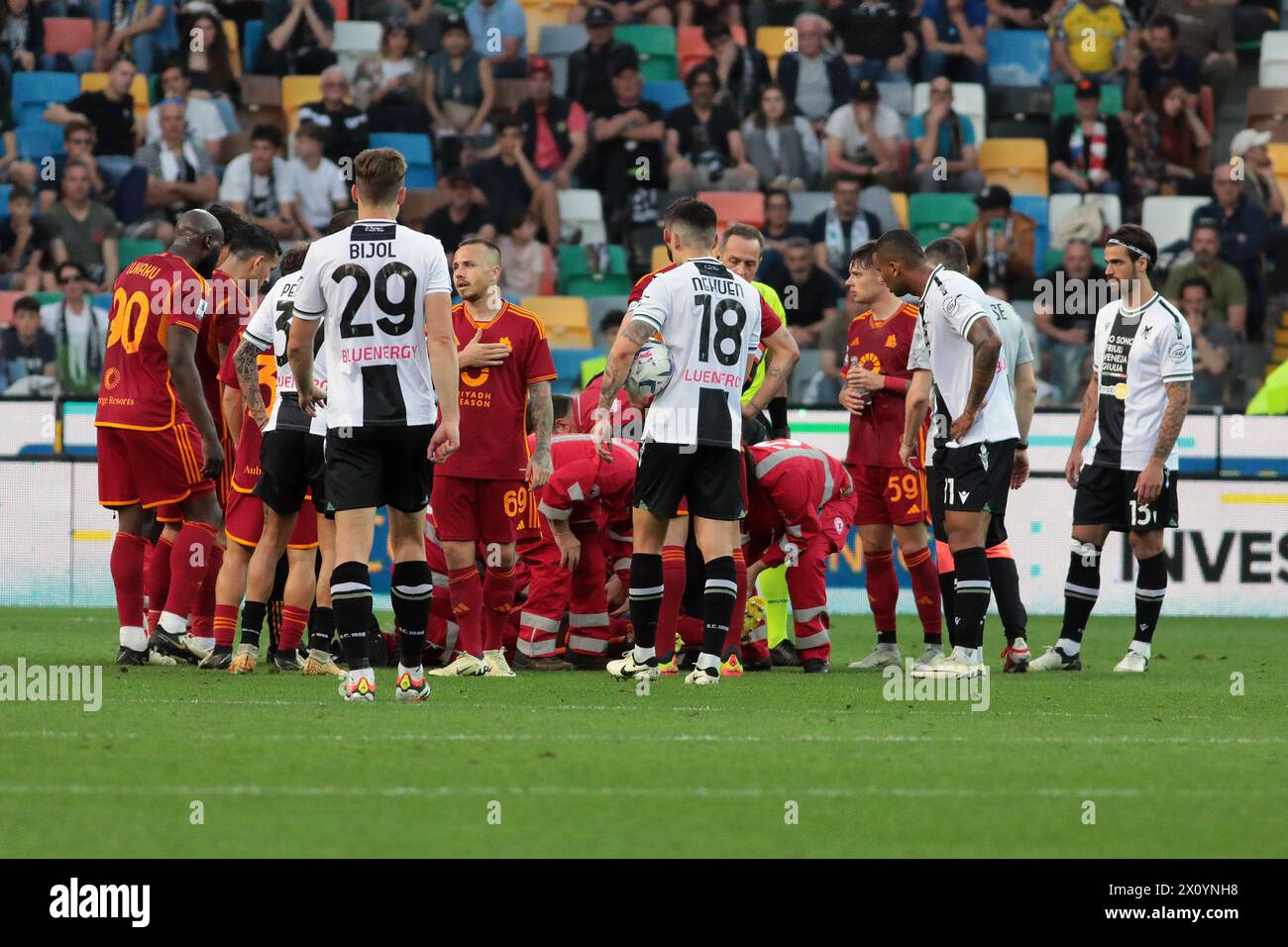 Udine, Italia. 14th Apr, 2024. Roma's Evan Ndicka injured during the ...
