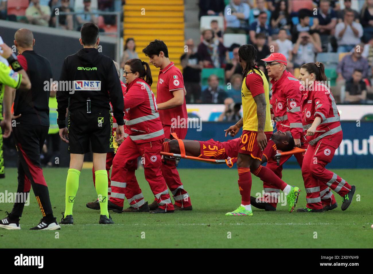 Udine, Italia. 14th Apr, 2024. Roma's Evan Ndicka injured during the ...