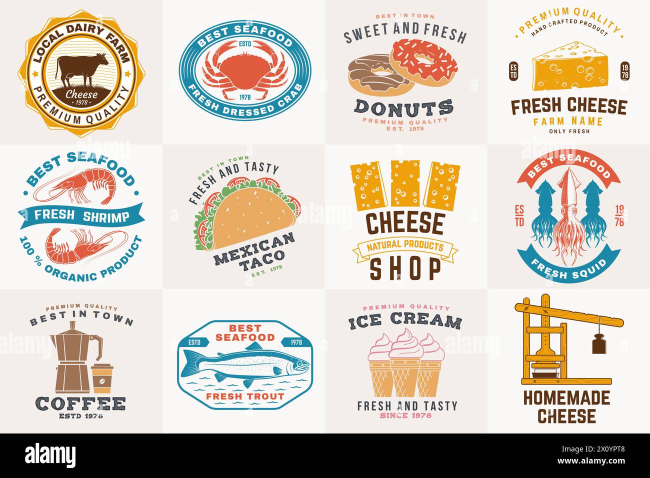 Set of cheese family farm, seafood and fast food retro badge. Vector ...