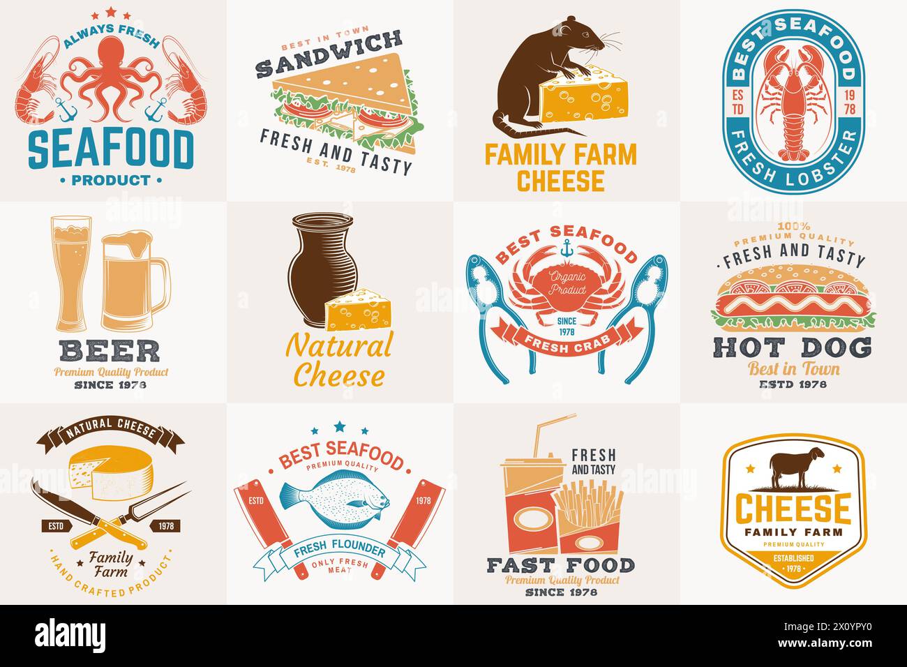 Set of cheese family farm, seafood and fast food retro badge. Vector ...