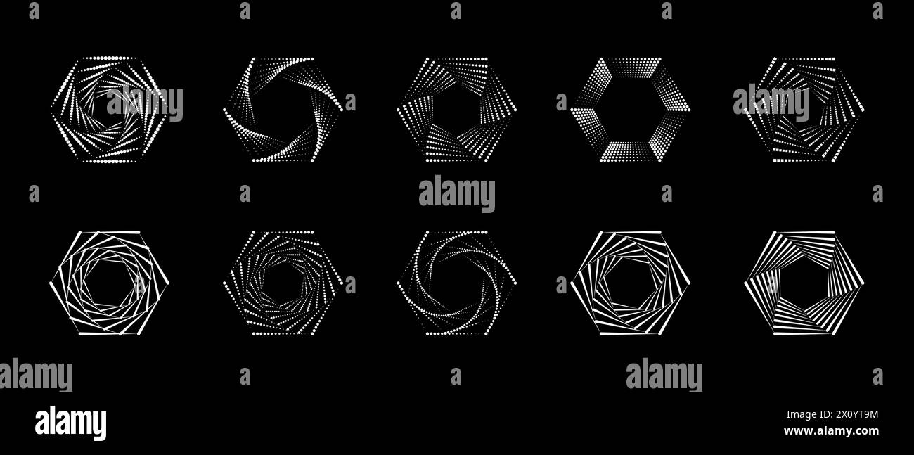 Hexagon dot halftone vortex, spiral twisted geometric shapes icon set ...