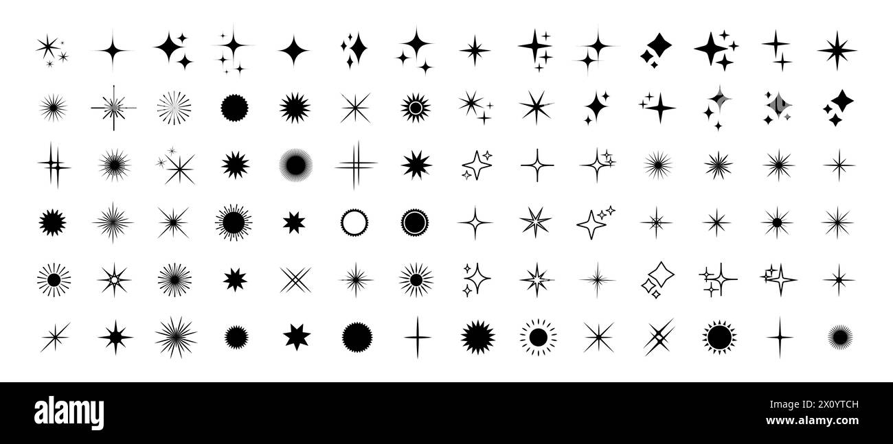 Star silhouette icon set, Shining star rays, Star cluster simple vector ...