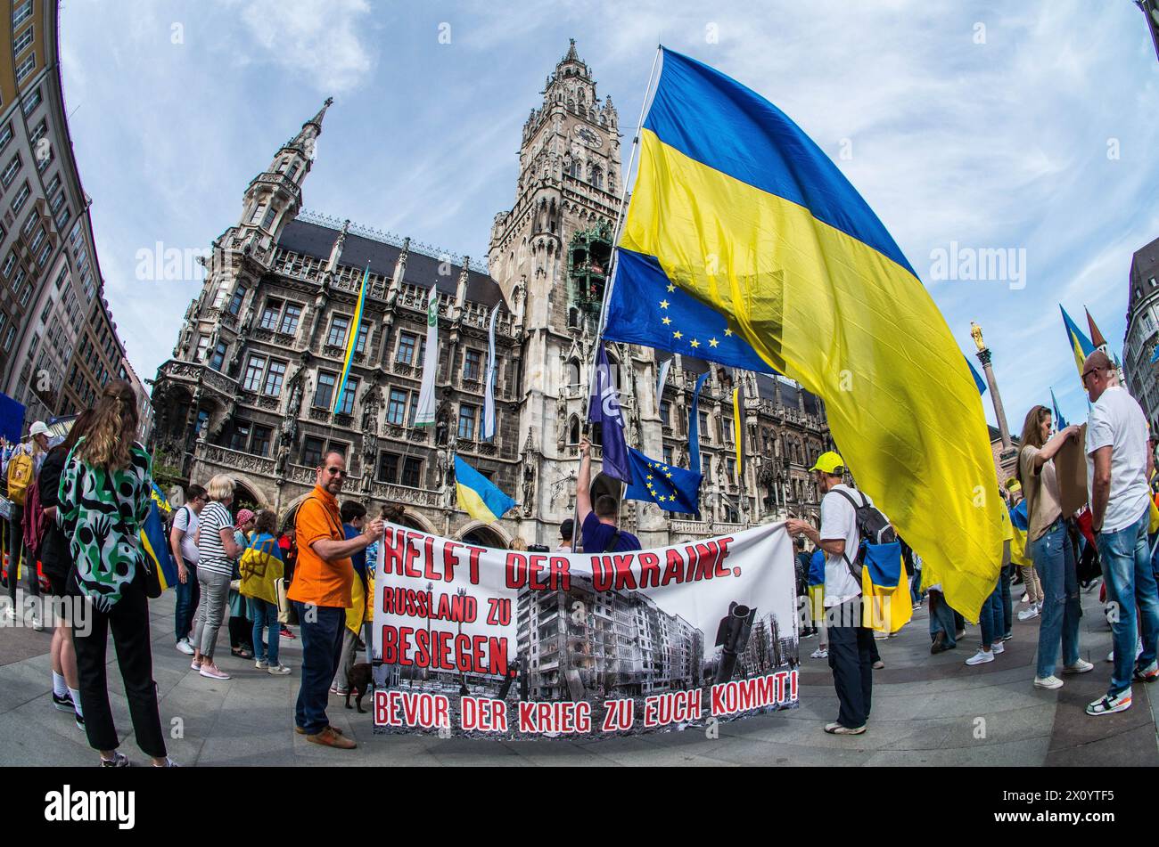 April 14, 2024: The Ukrainian and EU flags together in Munich, Germany ...