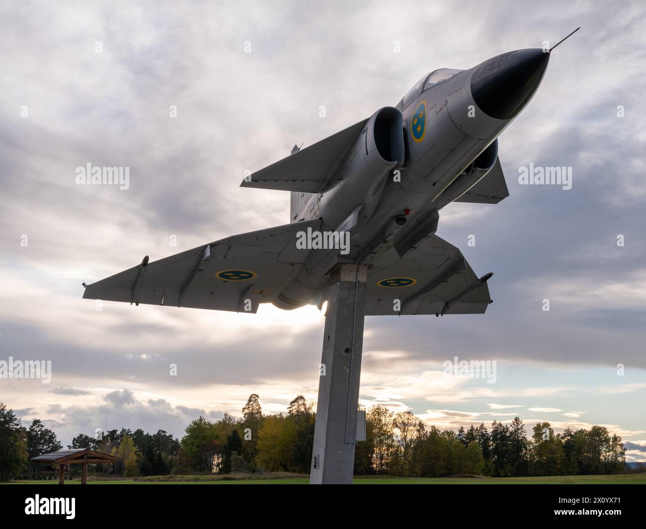 Viggen Swedish fighter jet on display with sunset background Stock ...