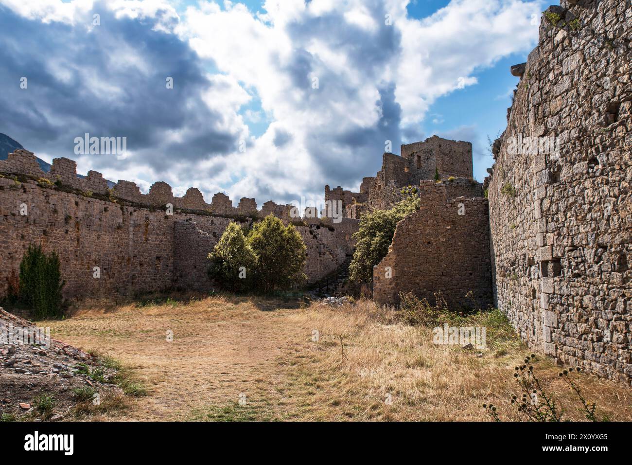 Cathar castle at the top of a mountain in the south of France Stock ...