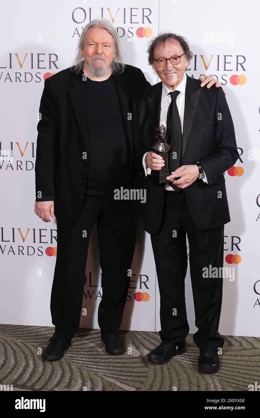 Christopher Hampton (left) and Don Black and in the press room after ...