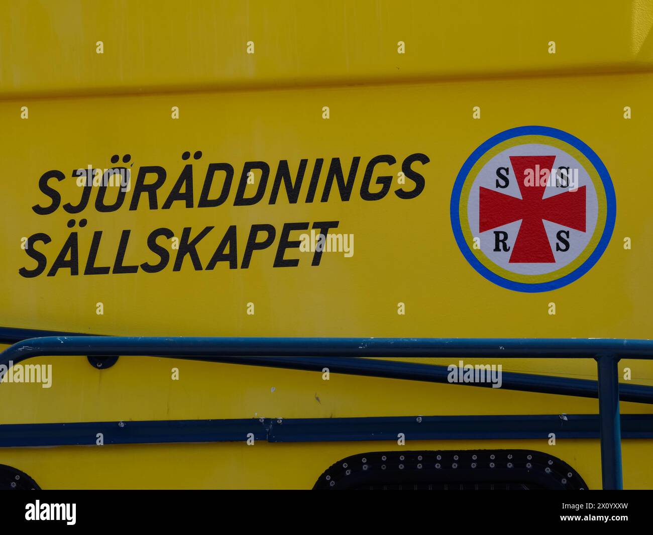 The name and logo of the Swedish SAR on a rescue boat moored in the ...