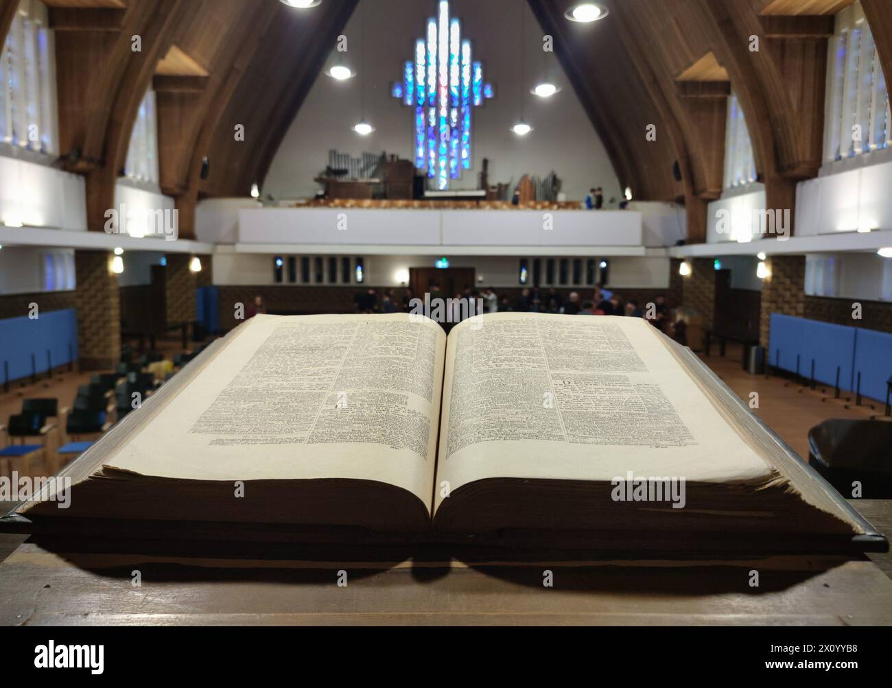 Old Bible on pulpit in a Protestant church ¨Vrijburg¨ in Amsterdam, The ...
