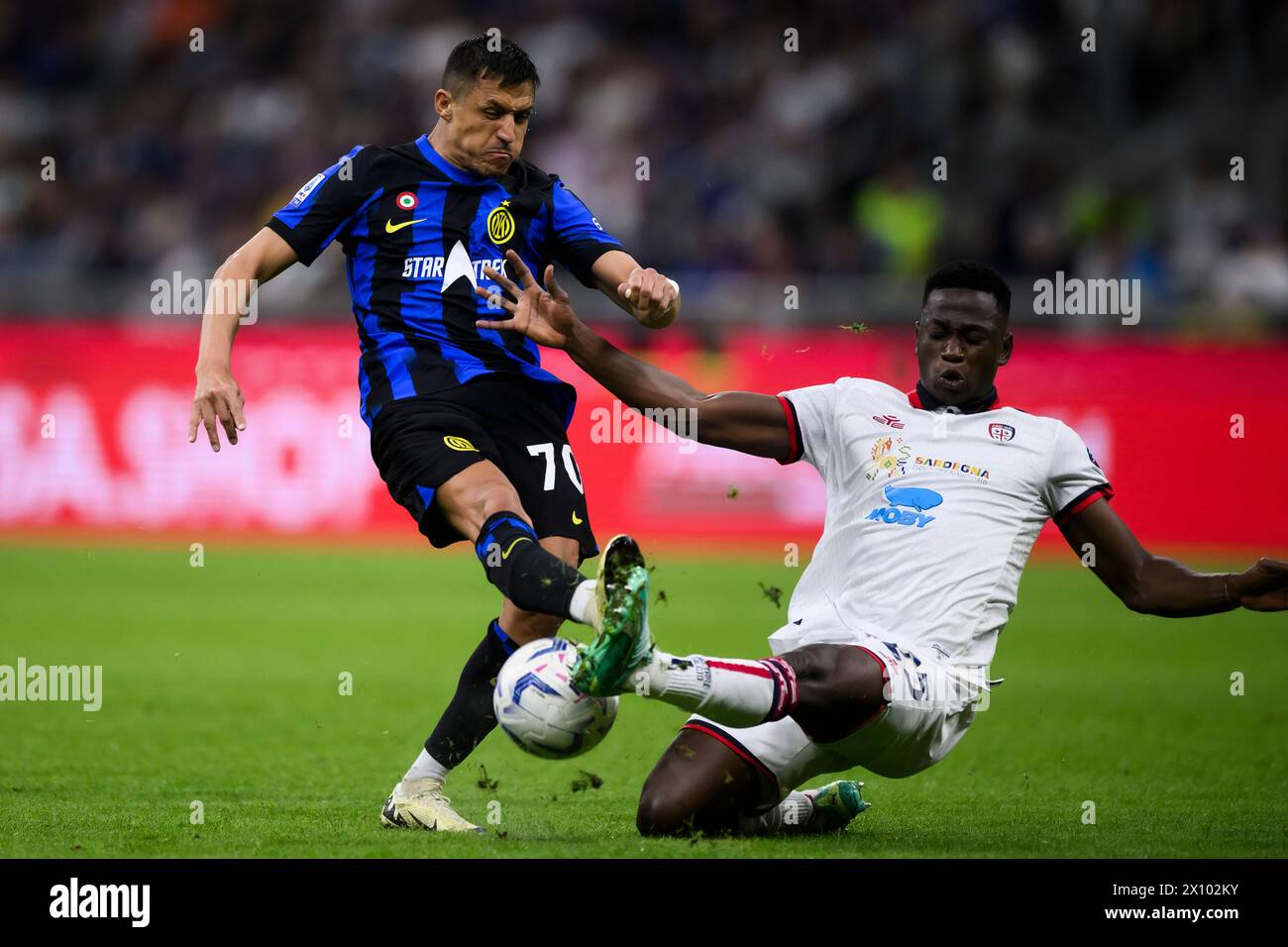 Milan, Italy. 14 April 2024. Alexis Sanchez of FC Internazionale is ...