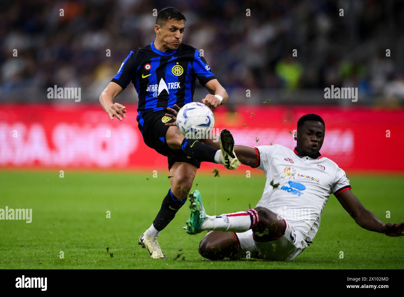 Milan, Italy. 14 April 2024. Alexis Sanchez of FC Internazionale is ...