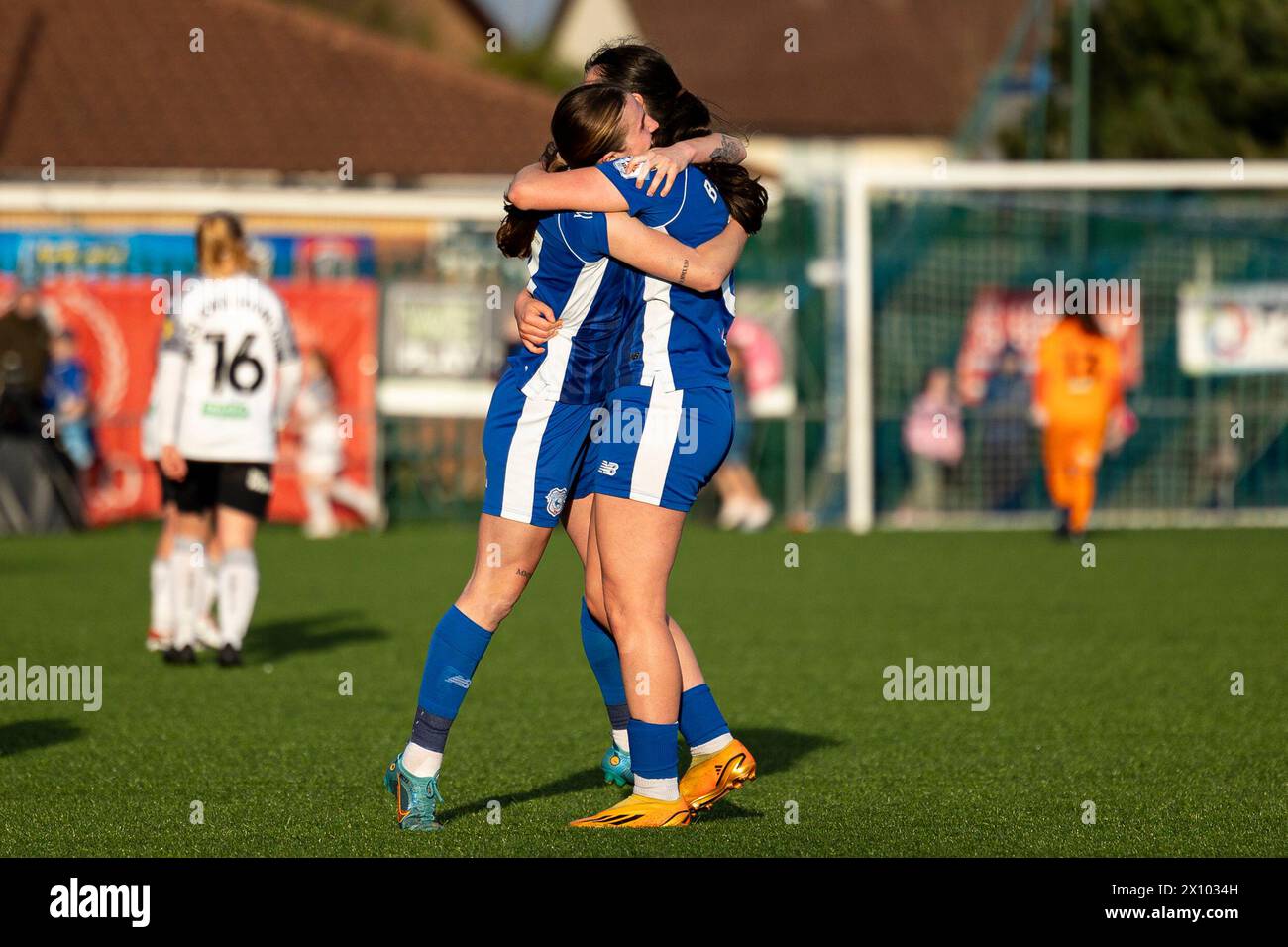 Bridgend, UK. 14th Apr, 2024. Cardiff City celebrate at full time ...